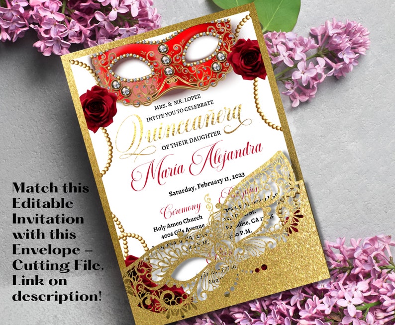 Masquerade Quinceanera Invitation Include Back Side Red and - Etsy