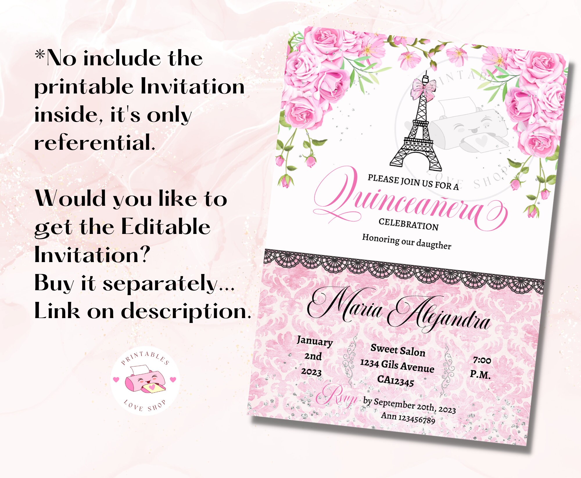 5x7 Paris Quinceanera Fold Invitation SVG, PNG, DXF, Paris Invitation ...