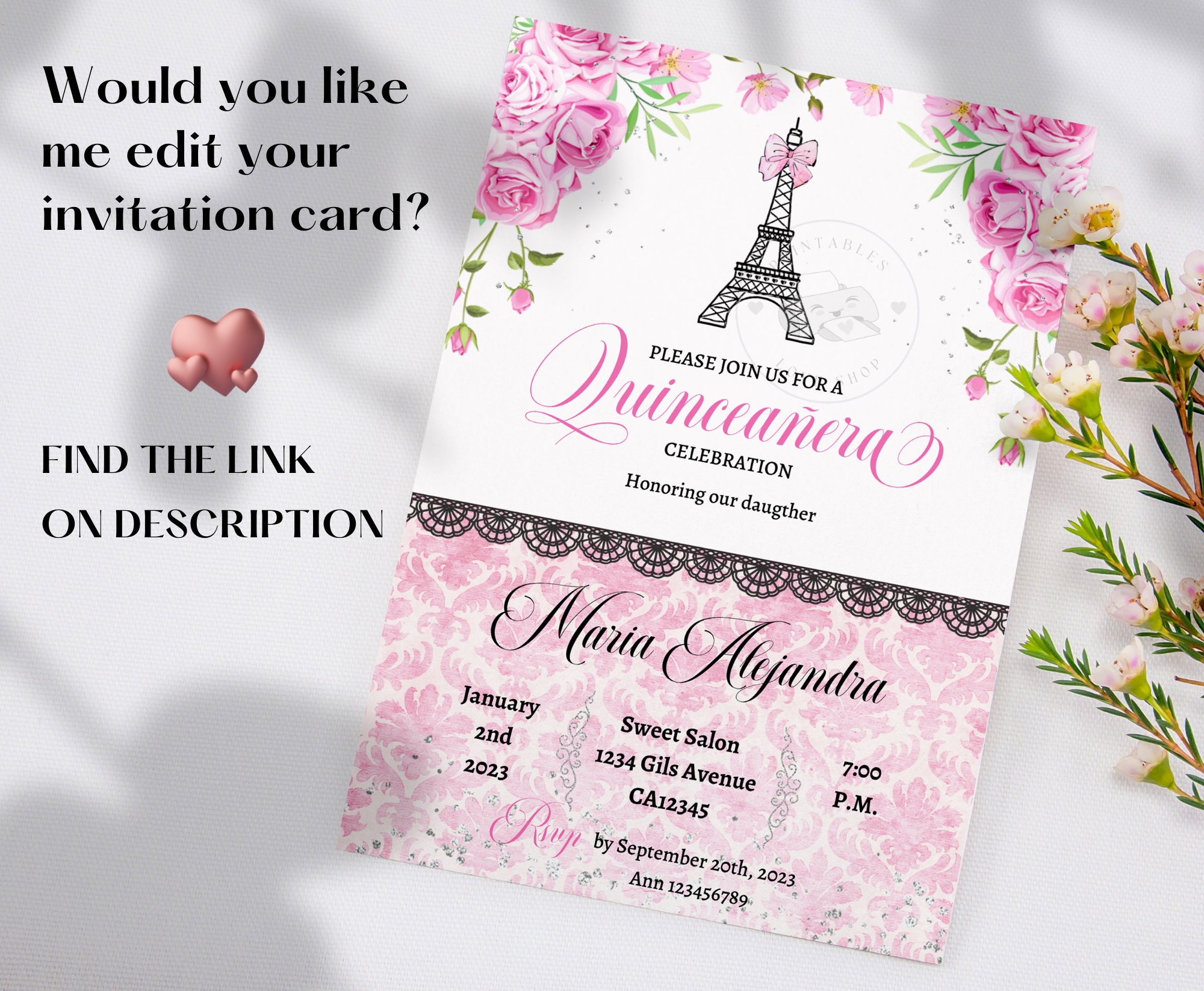Paris Quinceanera Invitation Editable, Paris Eiffel Tower 15th Birthday ...