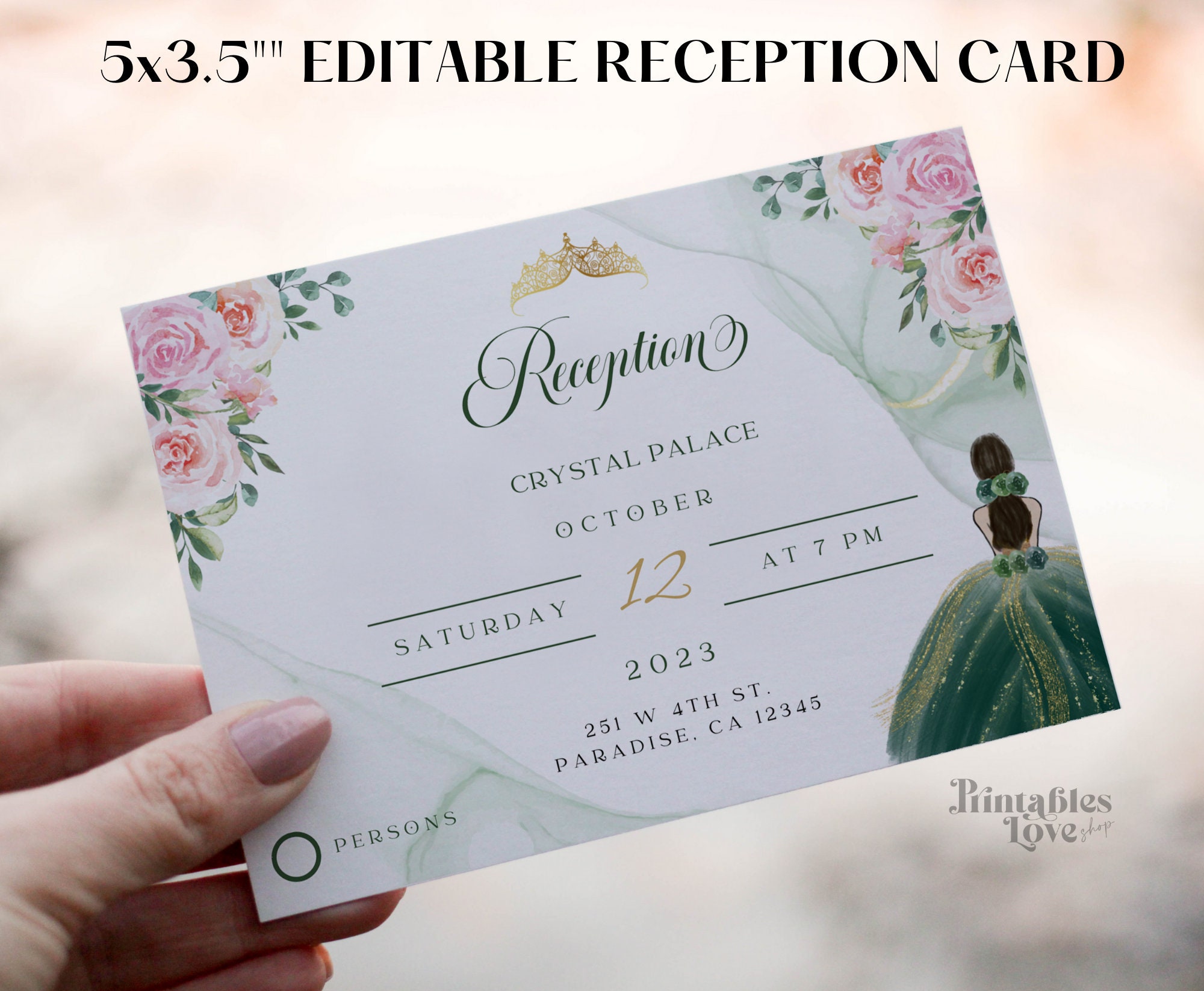 Emerald Green Floral Reception Card Template: Quinceanera, 5x3.5 ...
