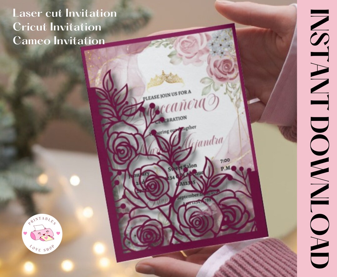 Laser Cut Roses Invitation, Pocket Template SVG, PNG, DXF, Quinceanera ...