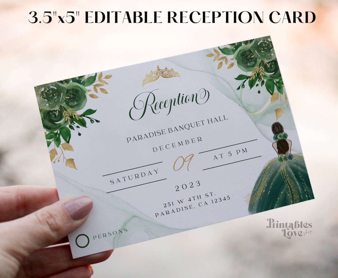 Reception Card Template Emerald Green and Gold, Match With Quinceanera ...