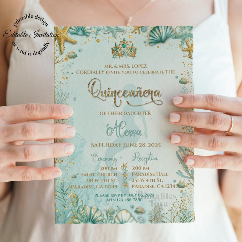 Under the Sea Quinceañera Invitation: Editable Mermaid Canva Template ...