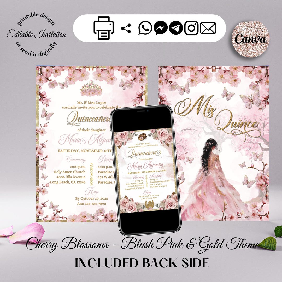 Cherry Blossom Quinceanera Invite, Sakura Invitation, Quince Invitation, Sweet 16, Japanese Pink ...