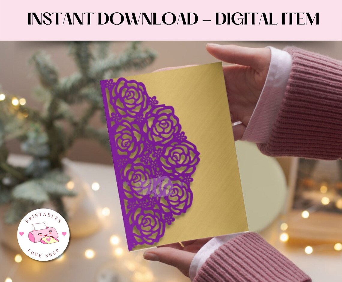 5x7 Tri Fold Dress Invitation Roses SVG, DXF, PNG, Quinceanera ...