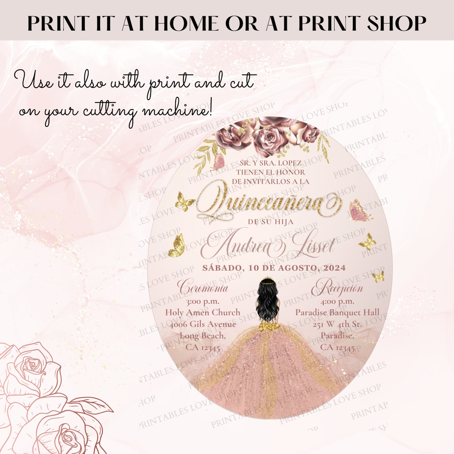 Oval Invitation for Hand Held Mirror, Rose Gold Quinceanera Invitation ...