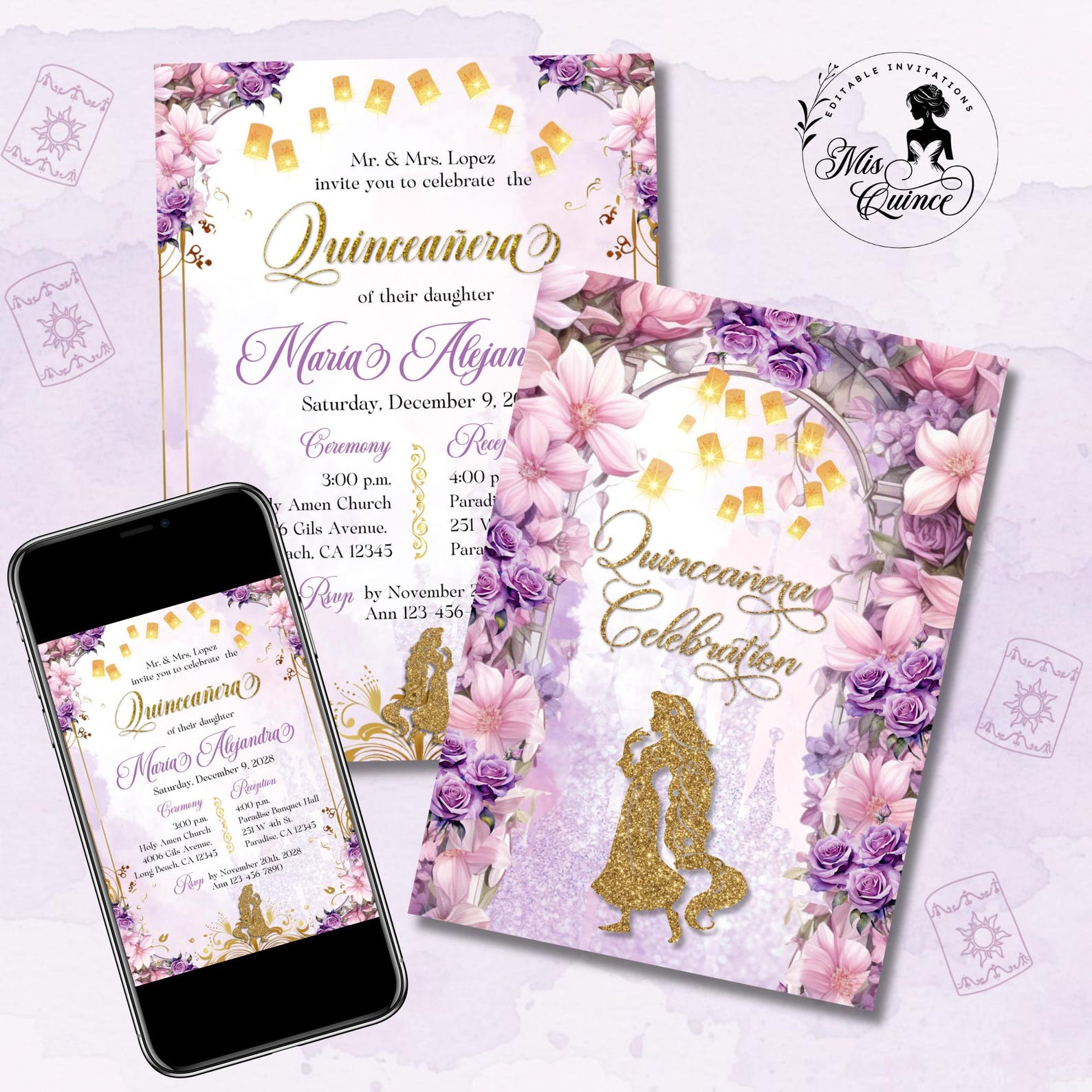 Rapunzel Quinceanera Invitation: Tangled Princess, Lilac Flowers ...