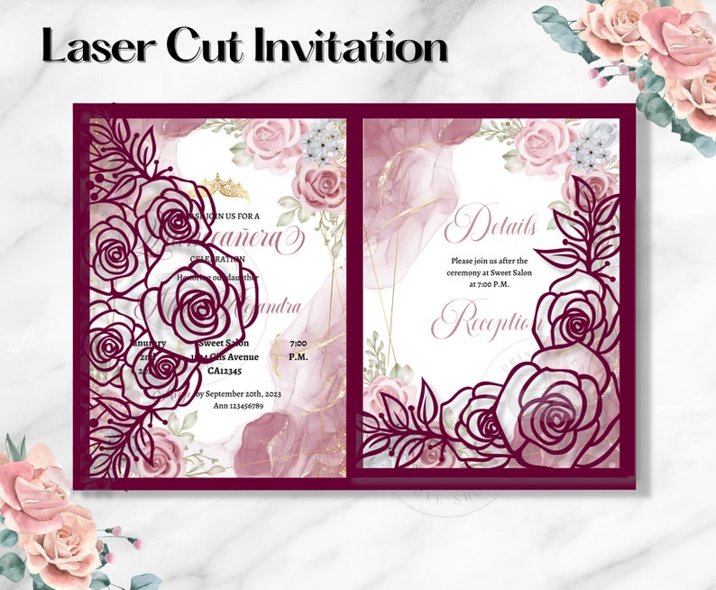 Laser Cut Roses Quinceanera Invitation: 5x7 Tri Fold (SVG, DXF, PNG) - Etsy
