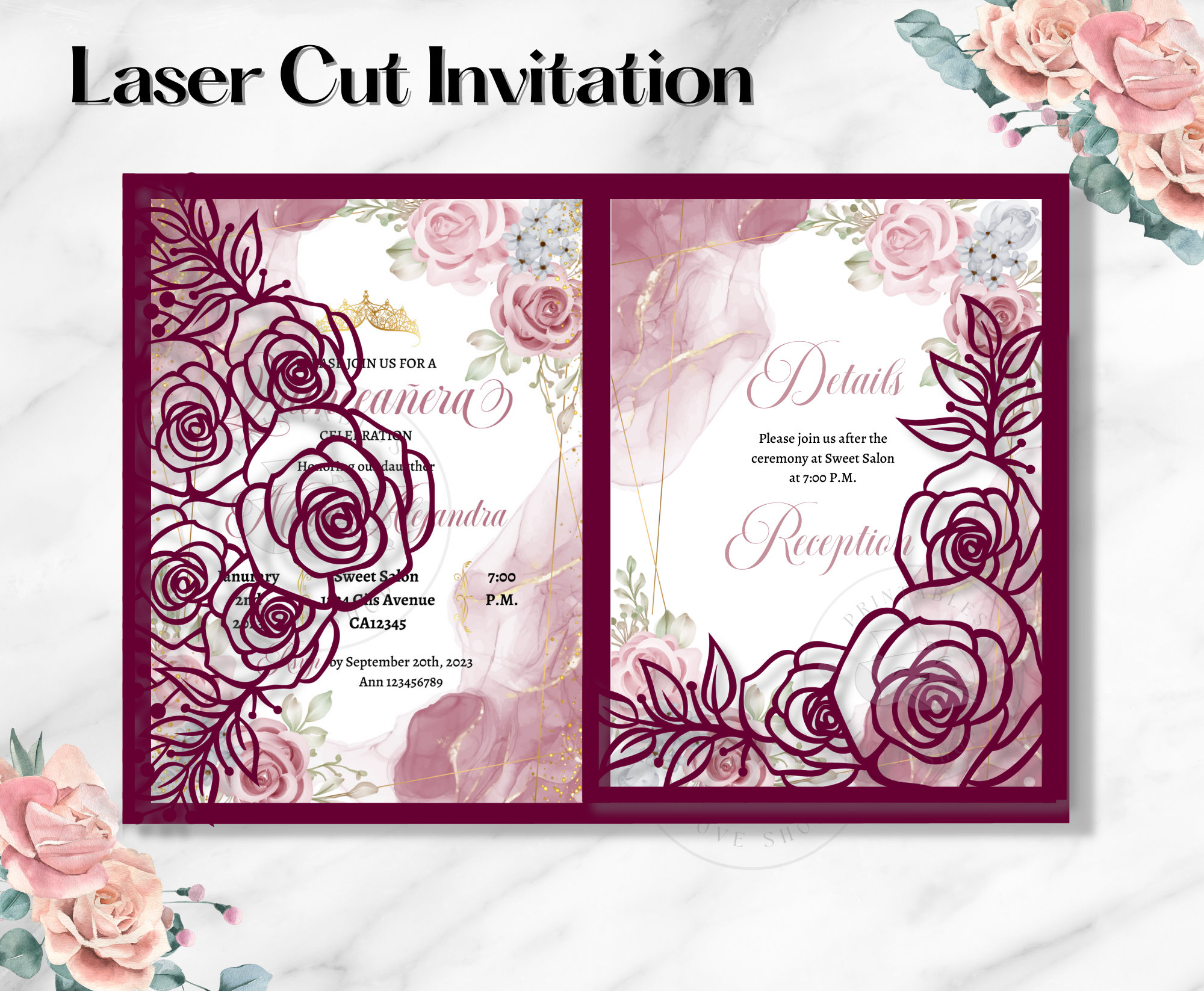 Laser Cut Roses Quinceanera Invitation: 5x7 Tri Fold (SVG, DXF, PNG) - Etsy