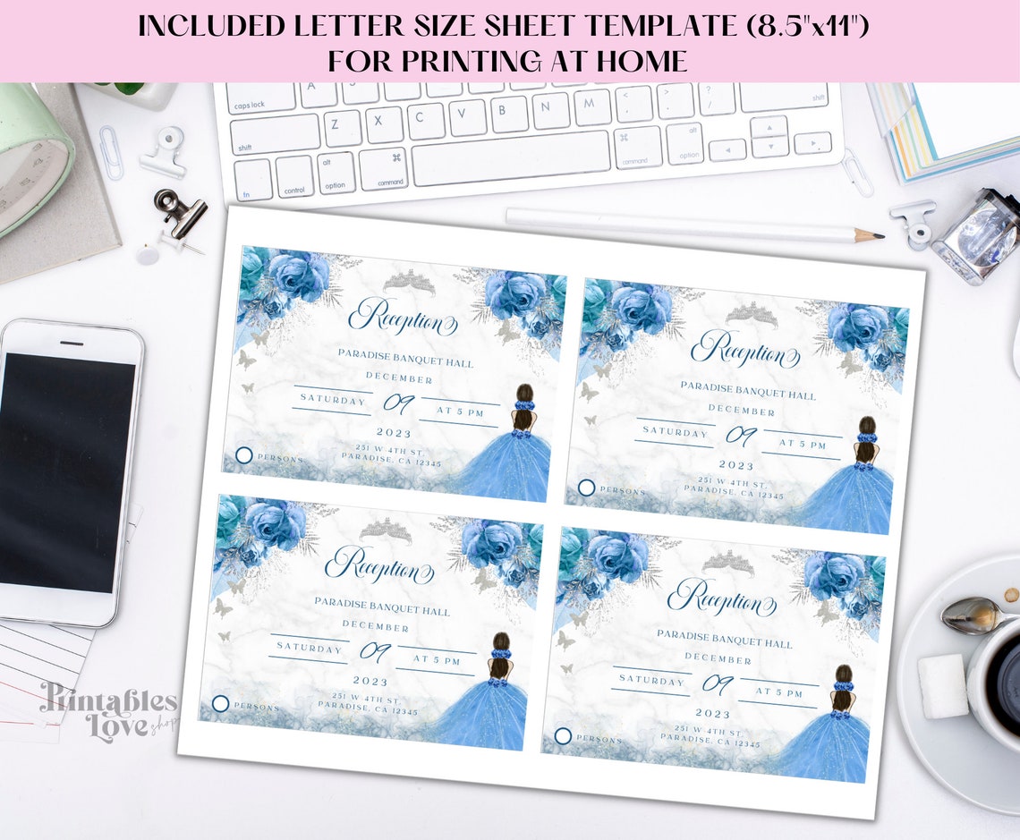 Light Blue and Silver Reception Card Template, Match With Quinceanera ...