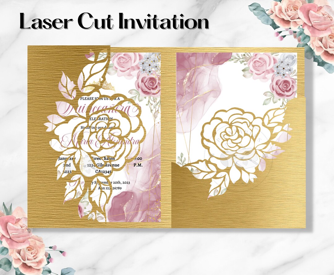 Laser Cut Roses Quinceanera Invitation: Trifold SVG, DXF, PNG (digital ...