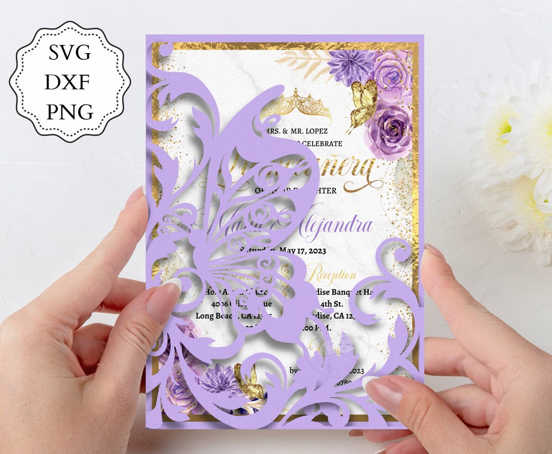 Laser Cut SVG Butterfly Invitation. DXF, PNG. for 5x7 Quinceanera ...