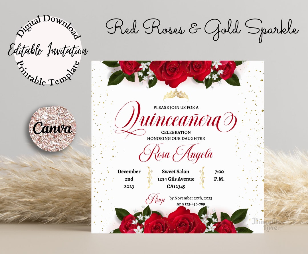 Red Roses and Gold Quinceanera Invitation, 6.1x6.1" Floral Canva ...