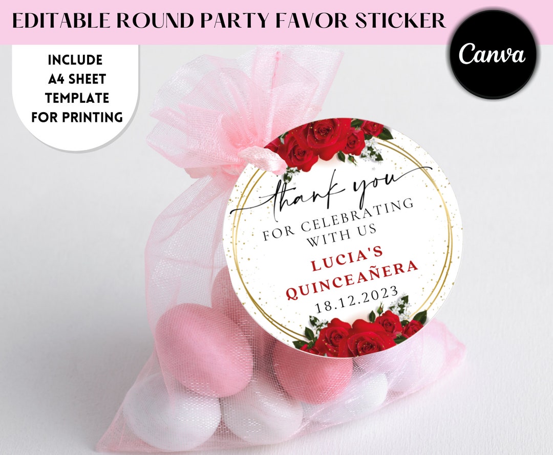 Quinceanera Party Favor Stickers: Red Roses, Gold Sparkle (canva ...