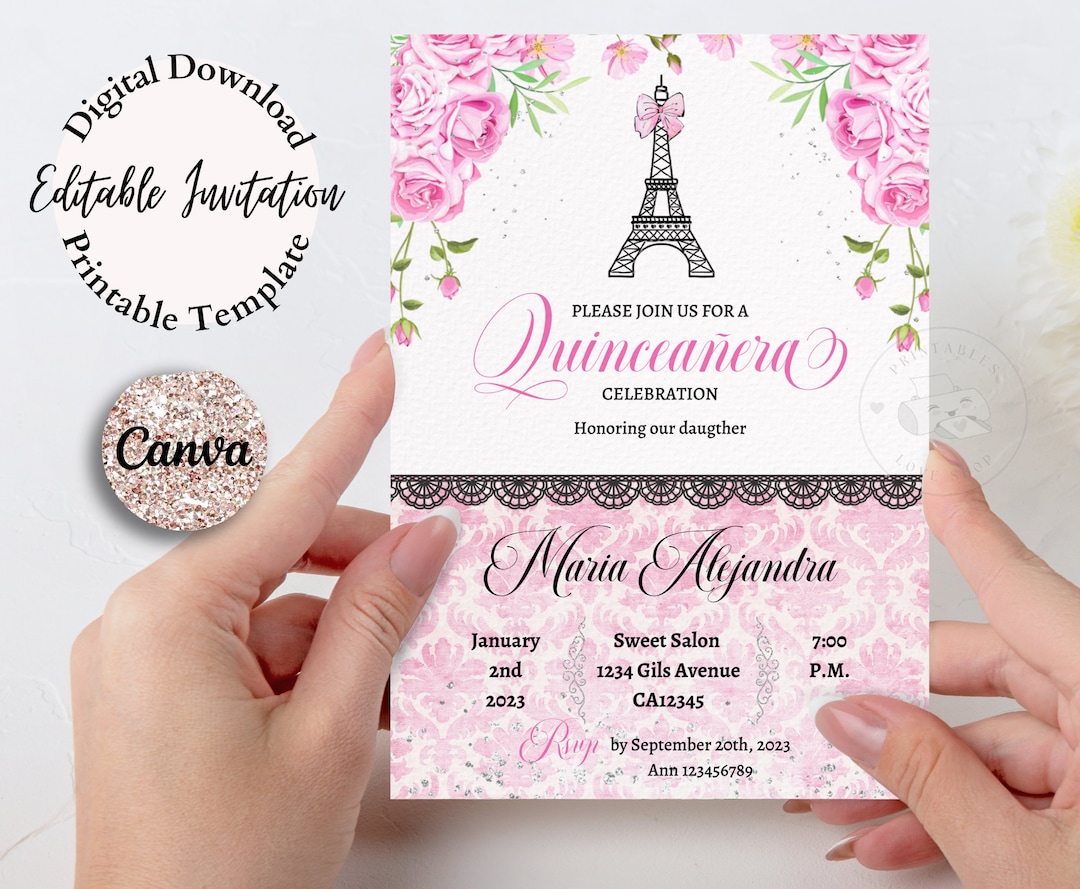 Paris Quinceanera Invitation Editable, Paris Eiffel Tower 15th Birthday ...