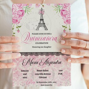 Paris Quinceanera Invitation Editable, Paris Eiffel Tower 15th Birthday ...