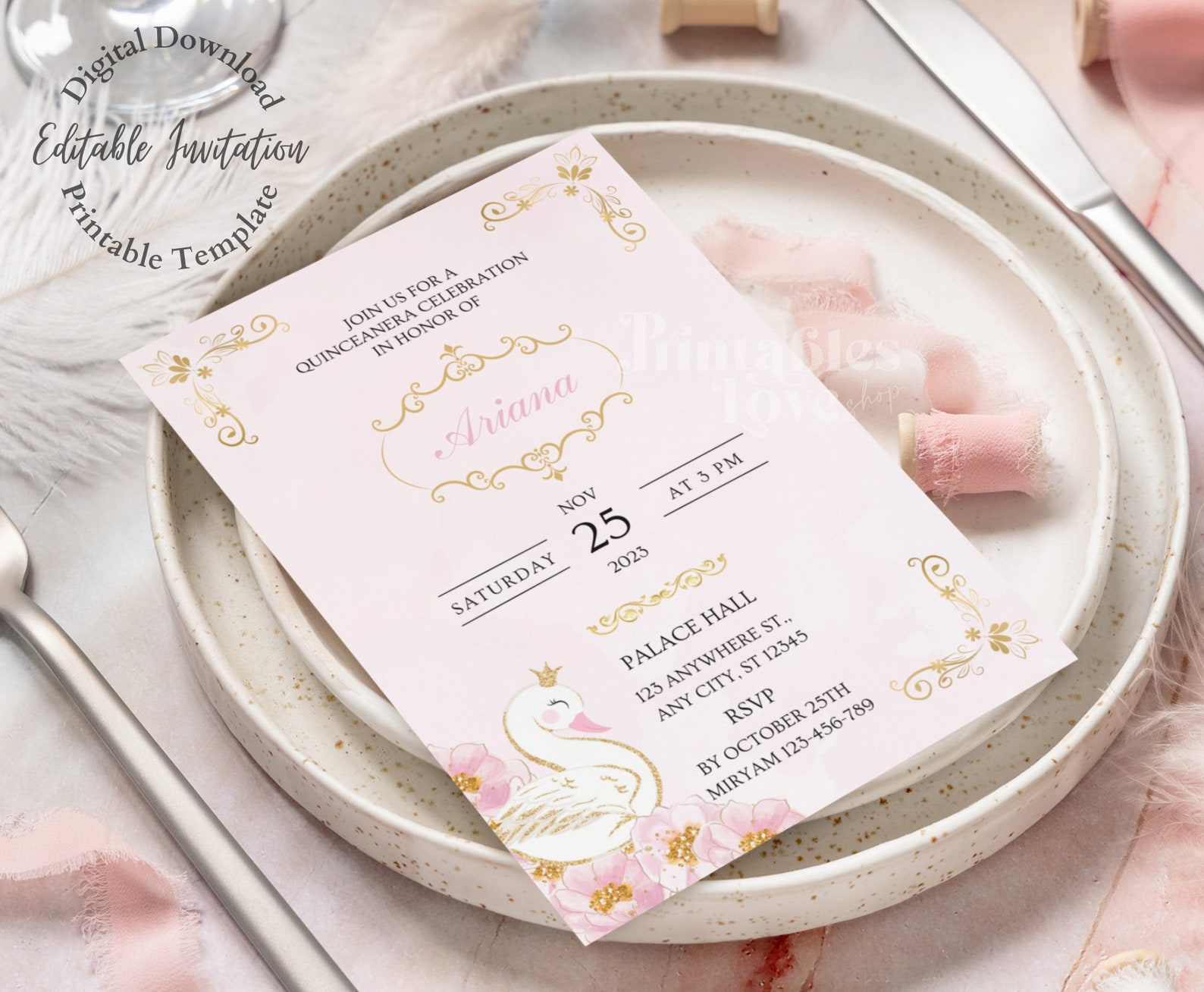 Blush Pink Swan Quinceanera Invitation: Gold Crown, 5x7 (digital ...