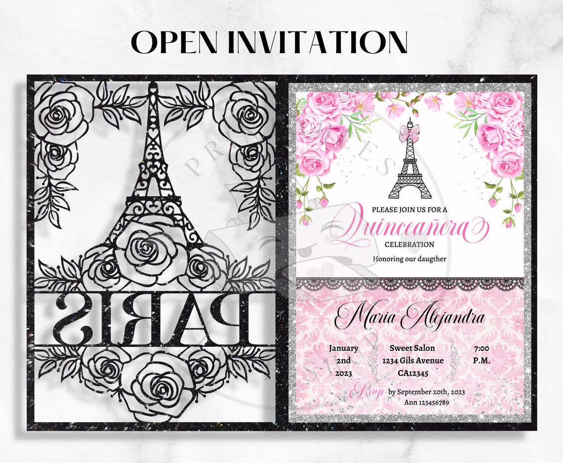 Paris Quinceanera Invitation, Eiffel Tower, Laser Cut Card (SVG, PNG ...