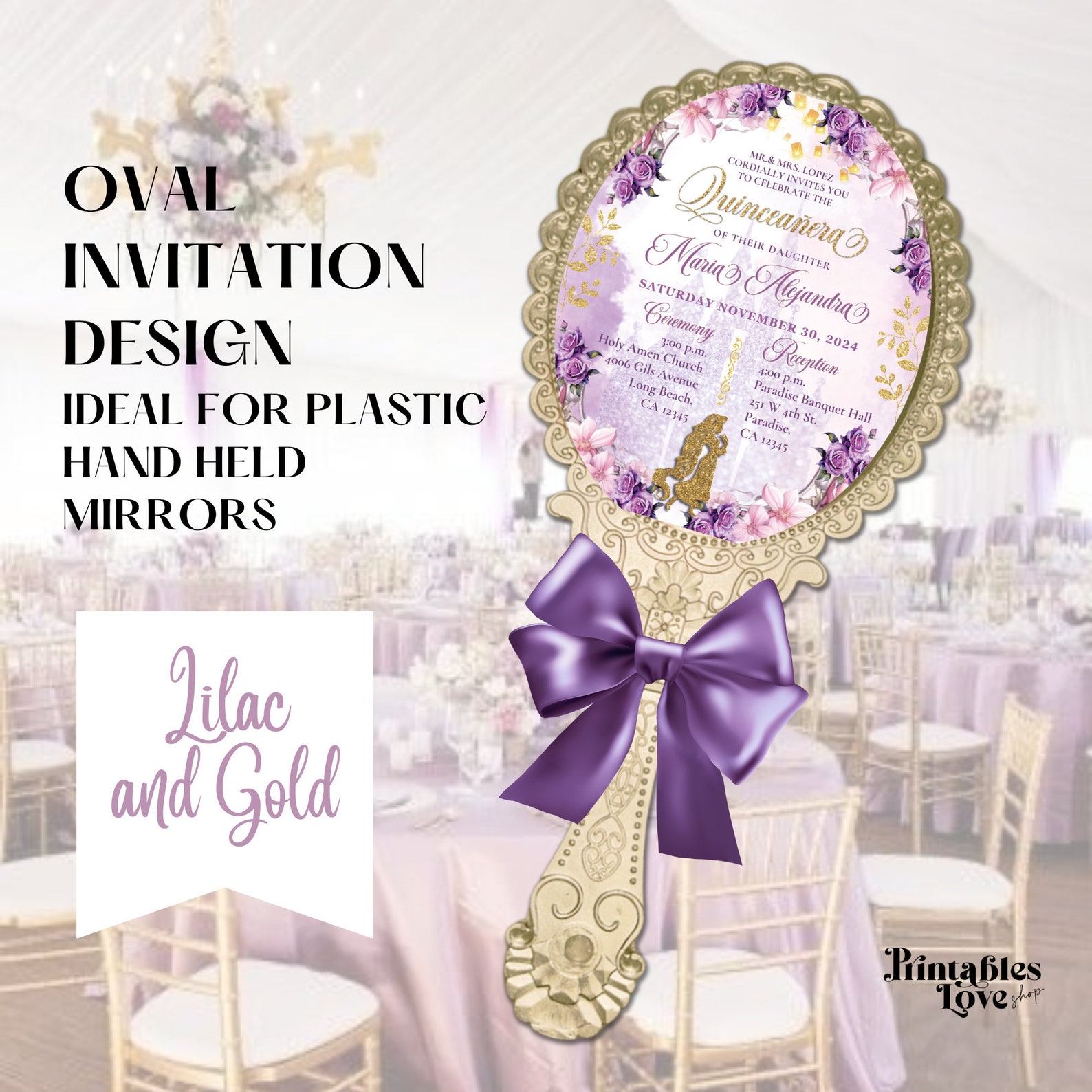 Tangled Quinceanera Oval Invitation, Lilac and Gold, for Hand Held ...