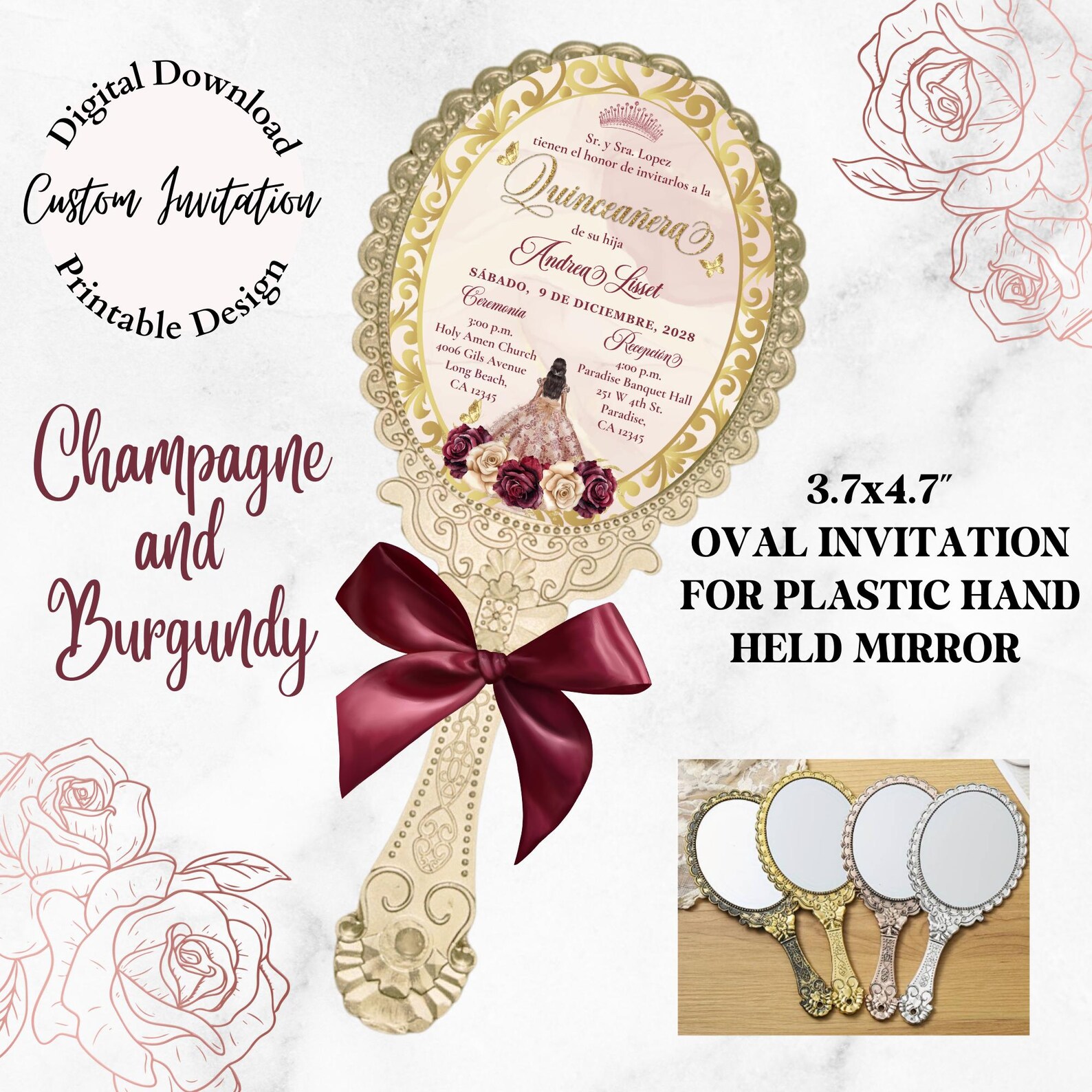 Burgundy and Beige Quinceanera Invitation Oval Invitation Hand Held ...