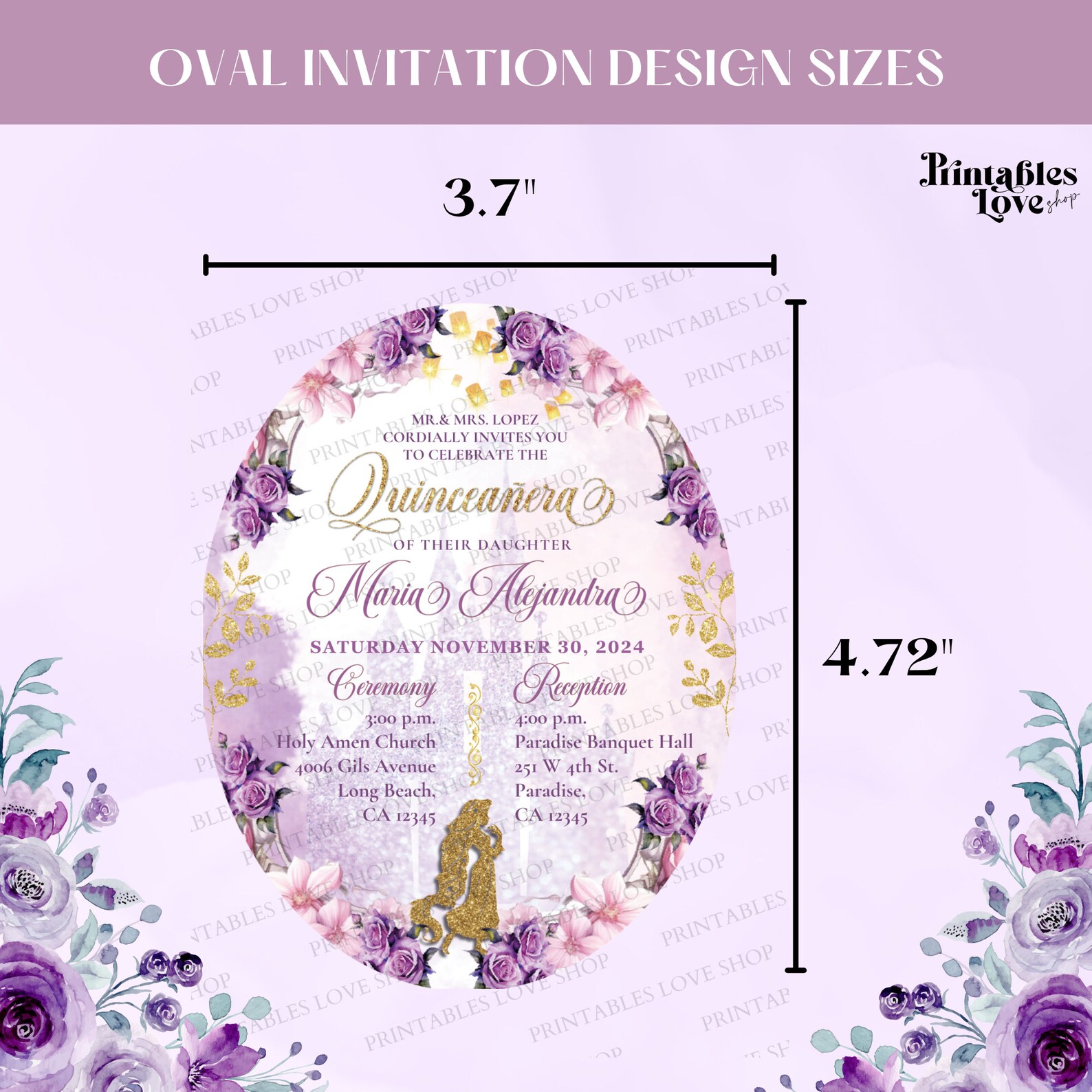Tangled Quinceanera Oval Invitation, Lilac and Gold, for Hand Held ...