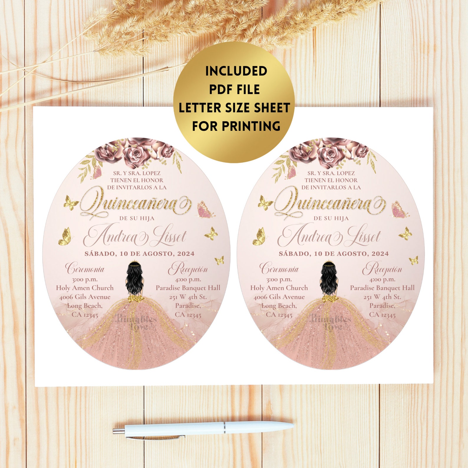 Oval Invitation for Hand Held Mirror, Rose Gold Quinceanera Invitation ...