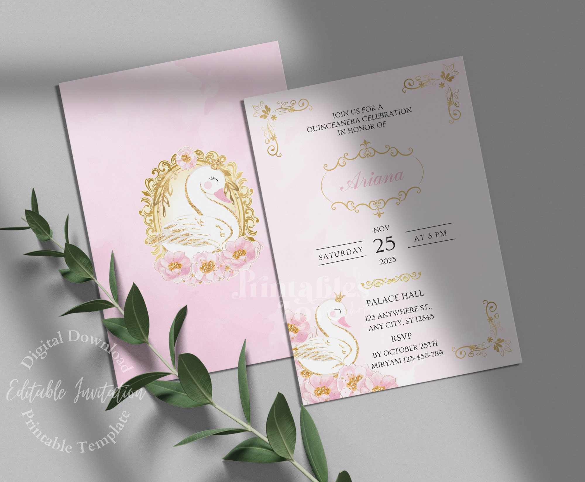 Blush Pink Swan Quinceanera Invitation: Gold Crown, 5x7 (digital ...