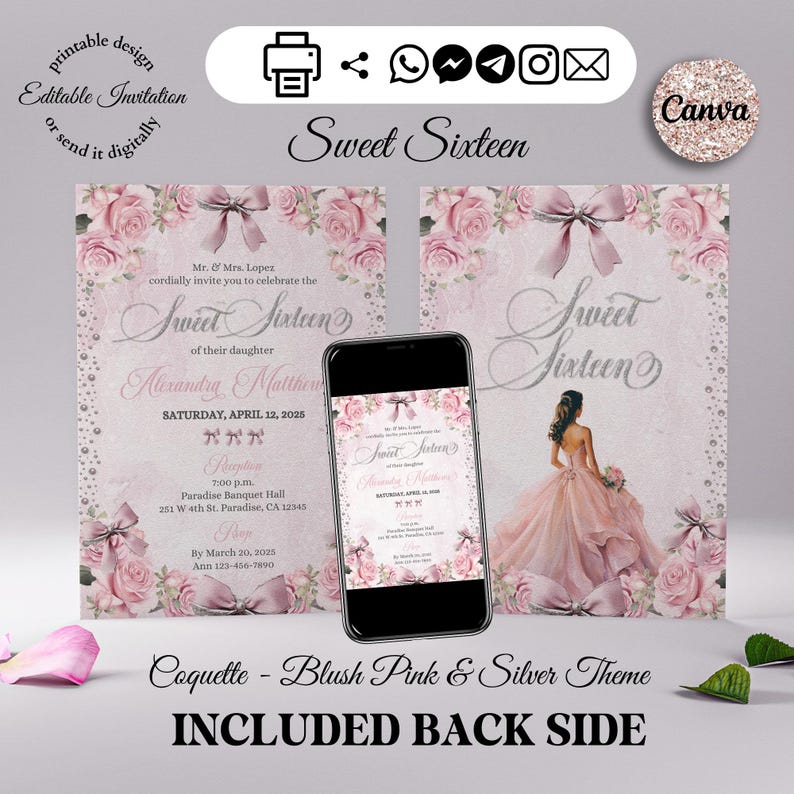 Coquette Sweet Sixteen Invitation: Pink Floral Bow, Editable Canva ...