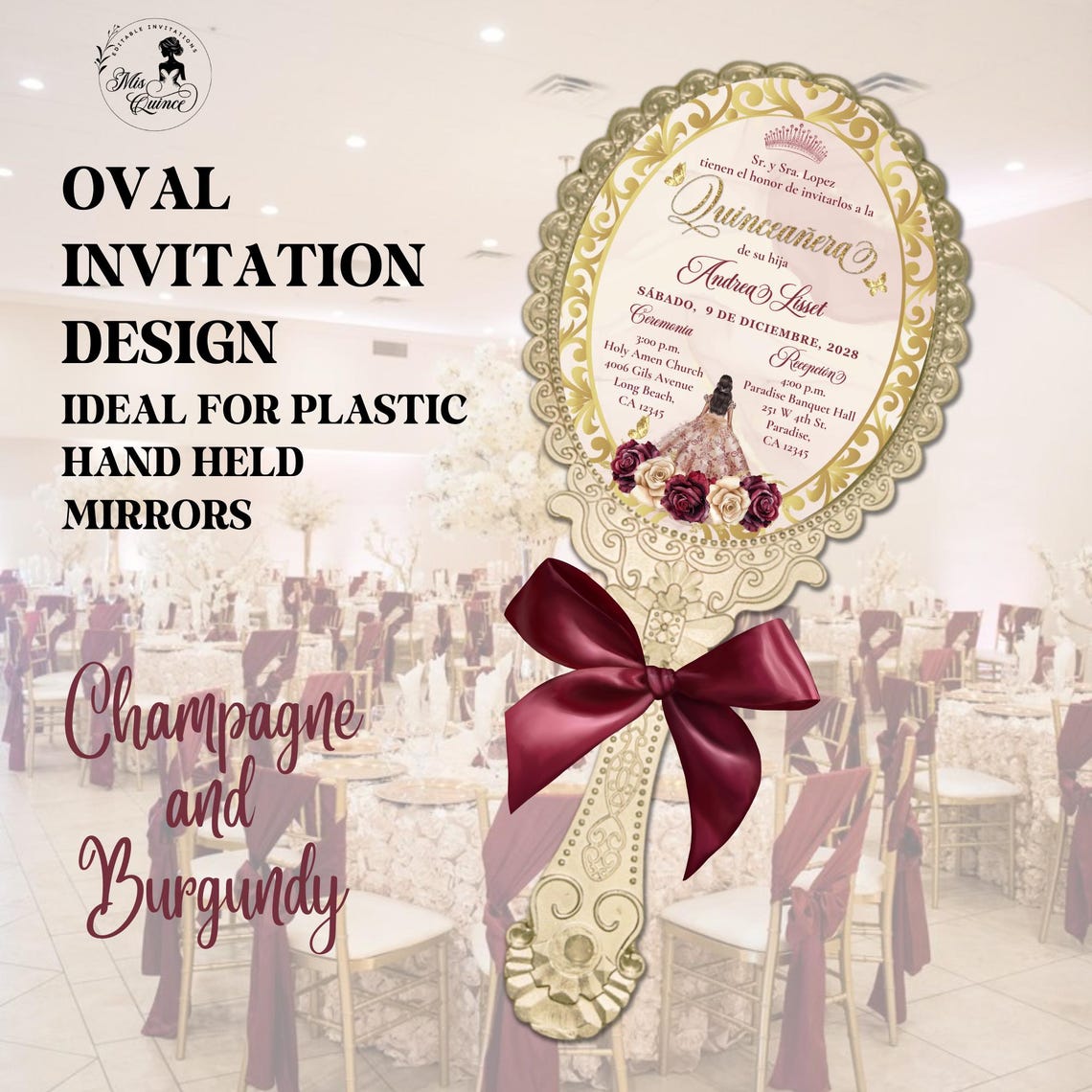 Burgundy and Beige Quinceanera Invitation Oval Invitation Hand Held ...