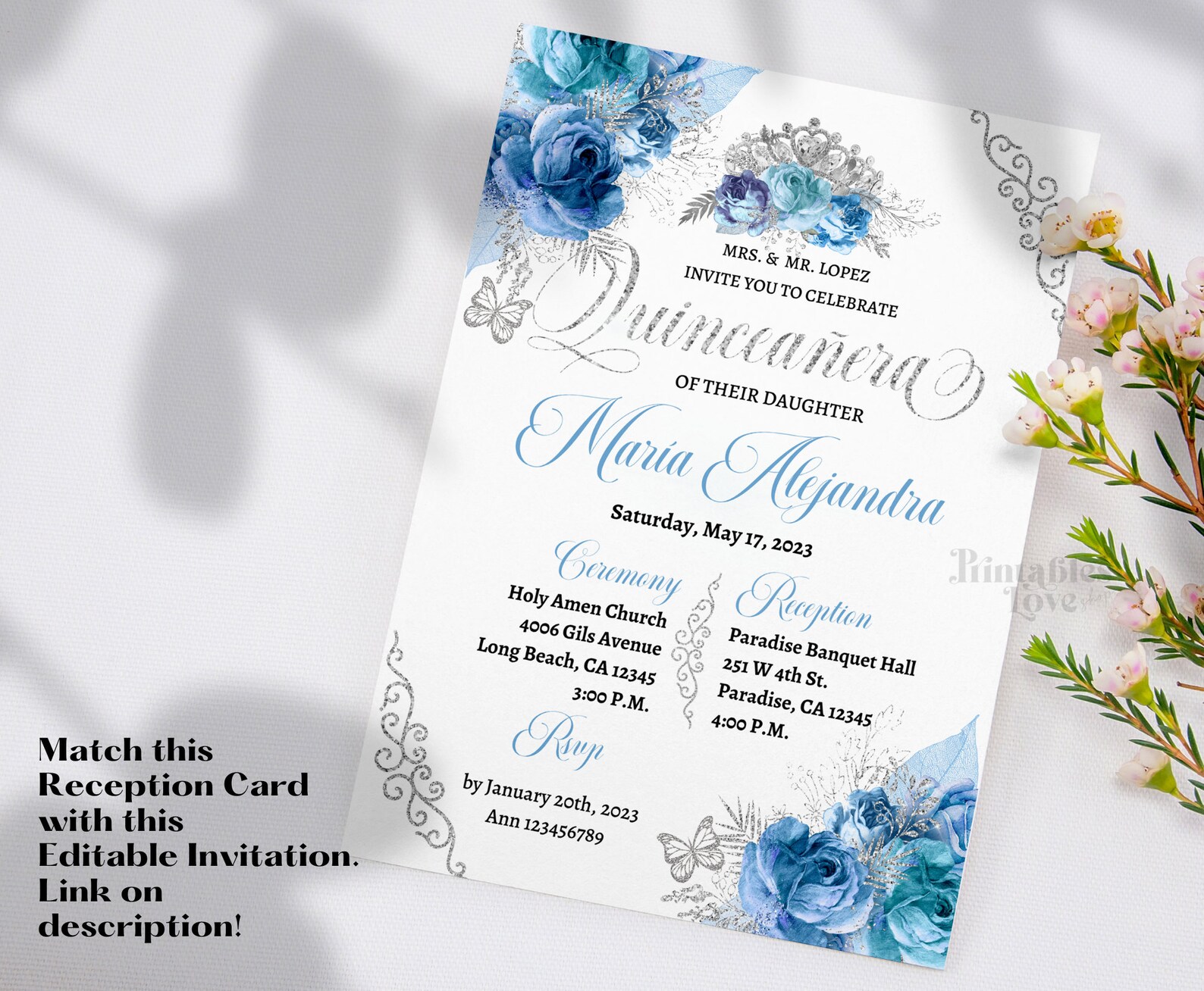 Light Blue and Silver Reception Card Template, Match With Quinceanera ...