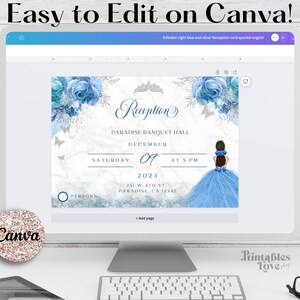 Light Blue and Silver Reception Card Template, Match With Quinceanera ...