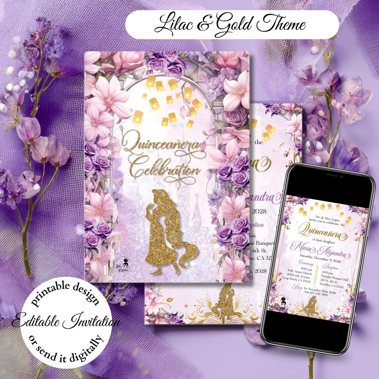 Rapunzel Quinceanera Invitation: Tangled Princess, Lilac Flowers ...