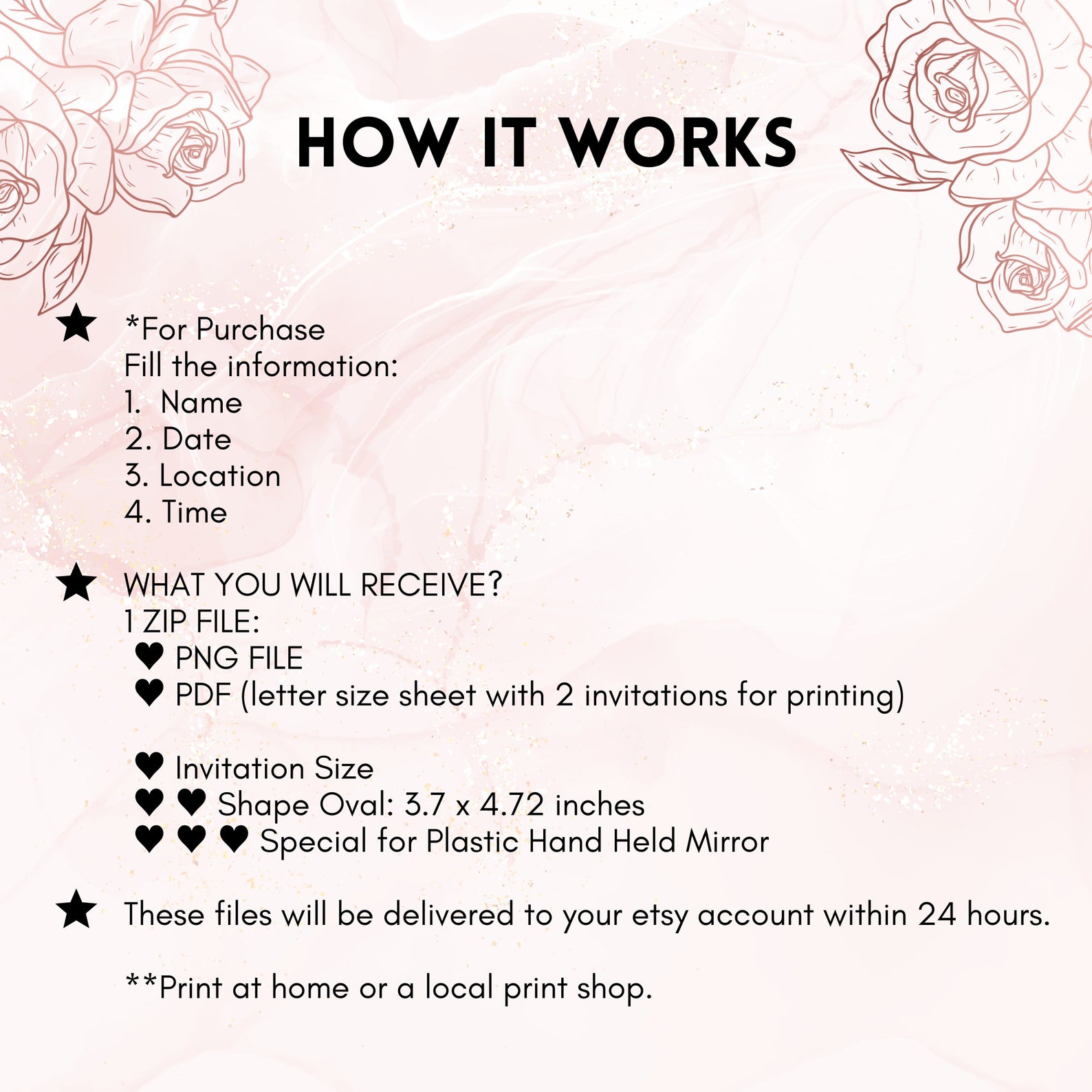 Oval Invitation for Hand Held Mirror, Rose Gold Quinceanera Invitation ...