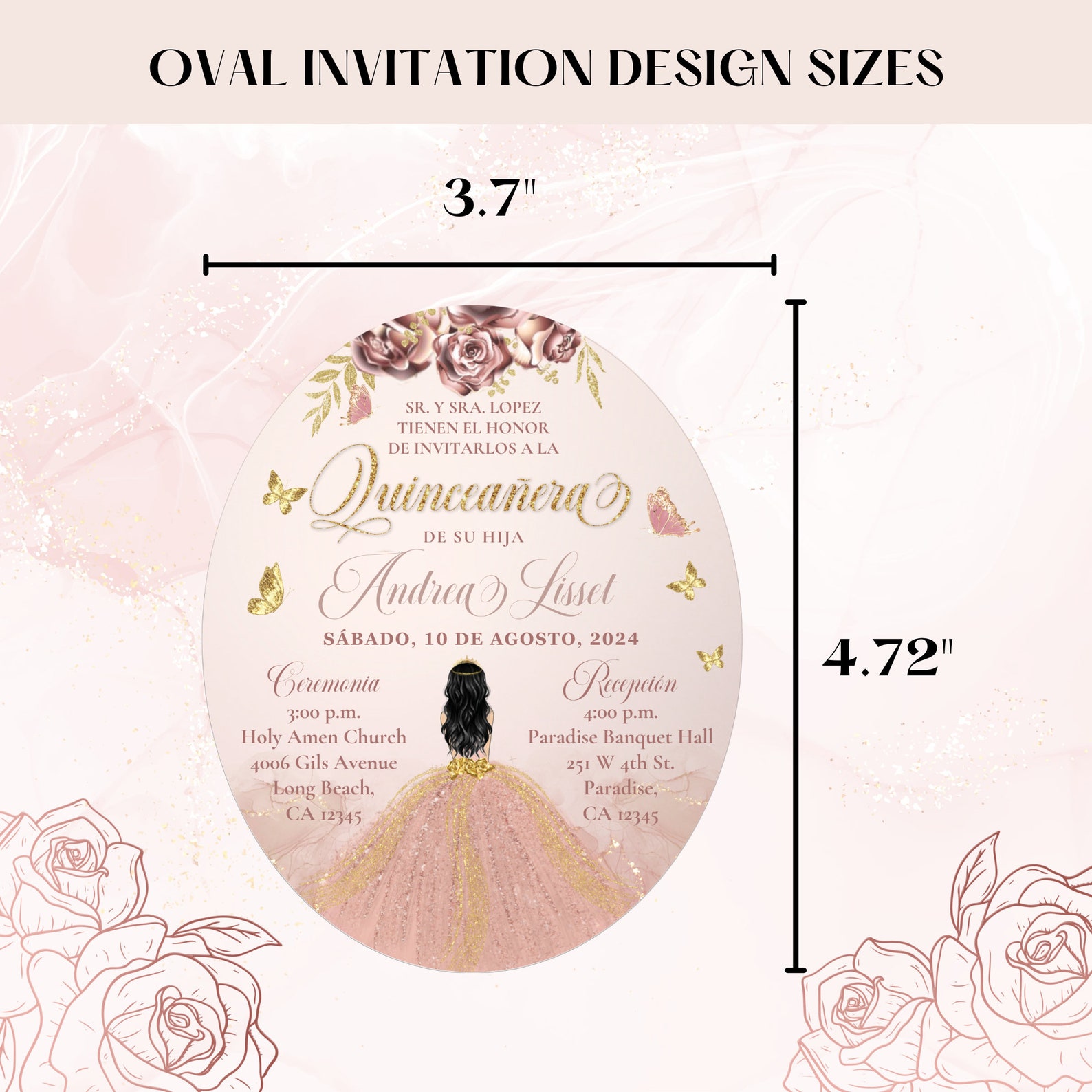 Oval Invitation for Hand Held Mirror, Rose Gold Quinceanera Invitation ...