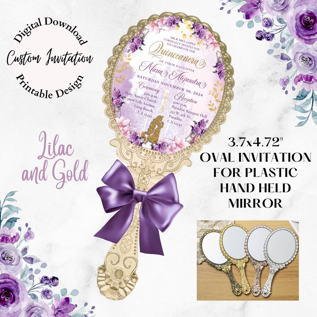 Tangled Quinceanera Oval Invitation, Lilac and Gold, for Hand Held ...