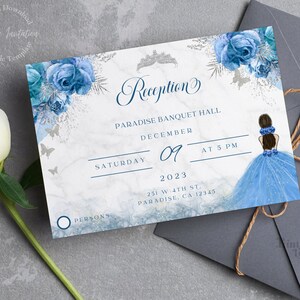 Light Blue and Silver Reception Card Template, Match With Quinceanera ...