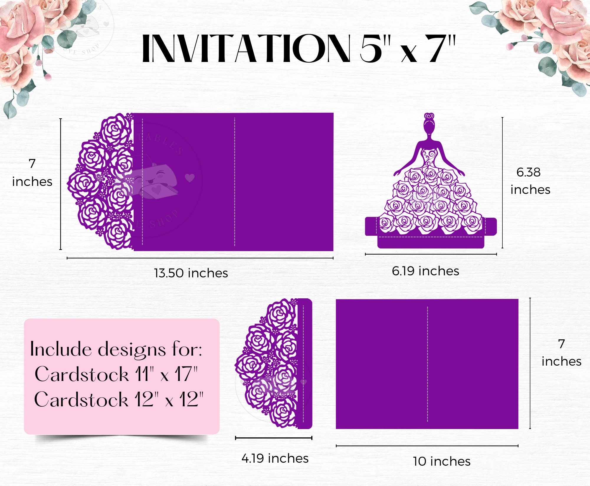 5x7 Tri Fold Dress Invitation Roses SVG DXF PNG Quinceanera - Etsy