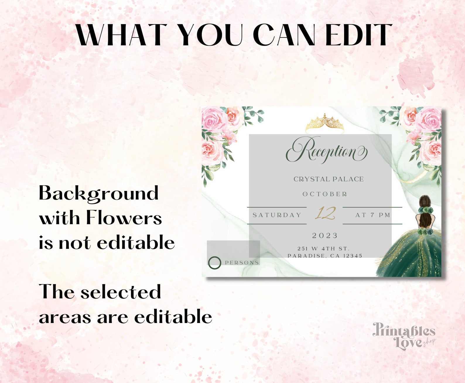 Emerald Green Floral Reception Card Template: Quinceanera, 5x3.5 ...