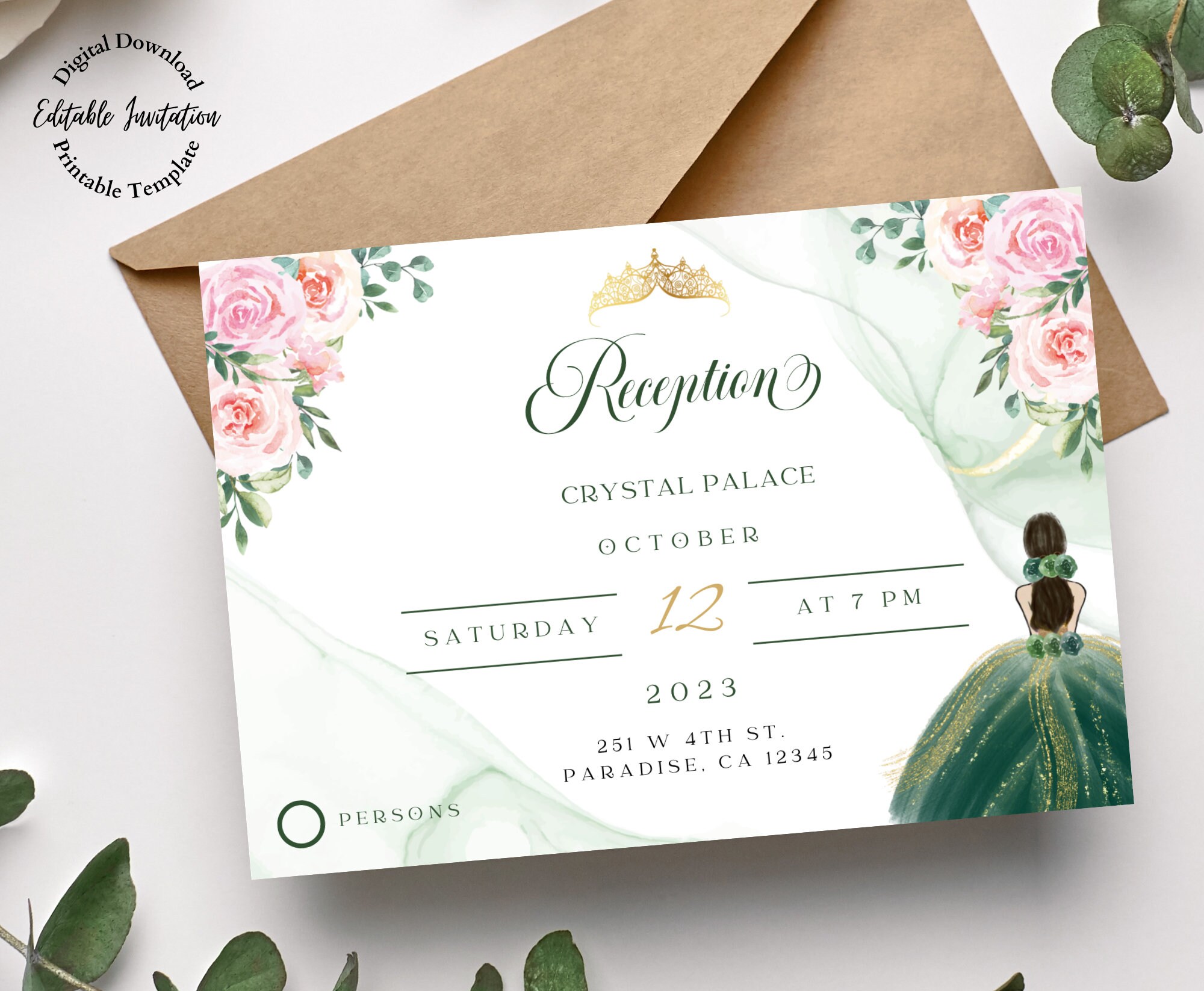 Emerald Green Floral Reception Card Template: Quinceanera, 5x3.5 ...