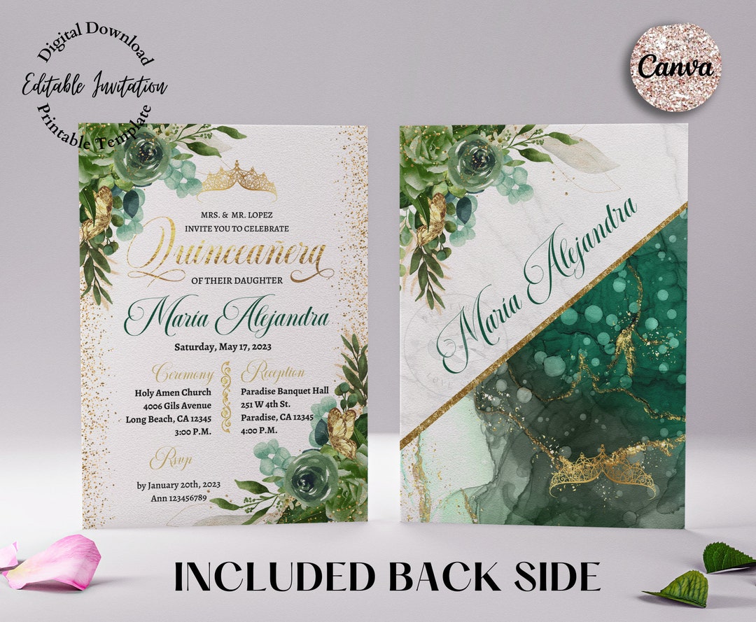5x7" Quinceanera Invitation Emerald Green Gold, Include Back Side ...