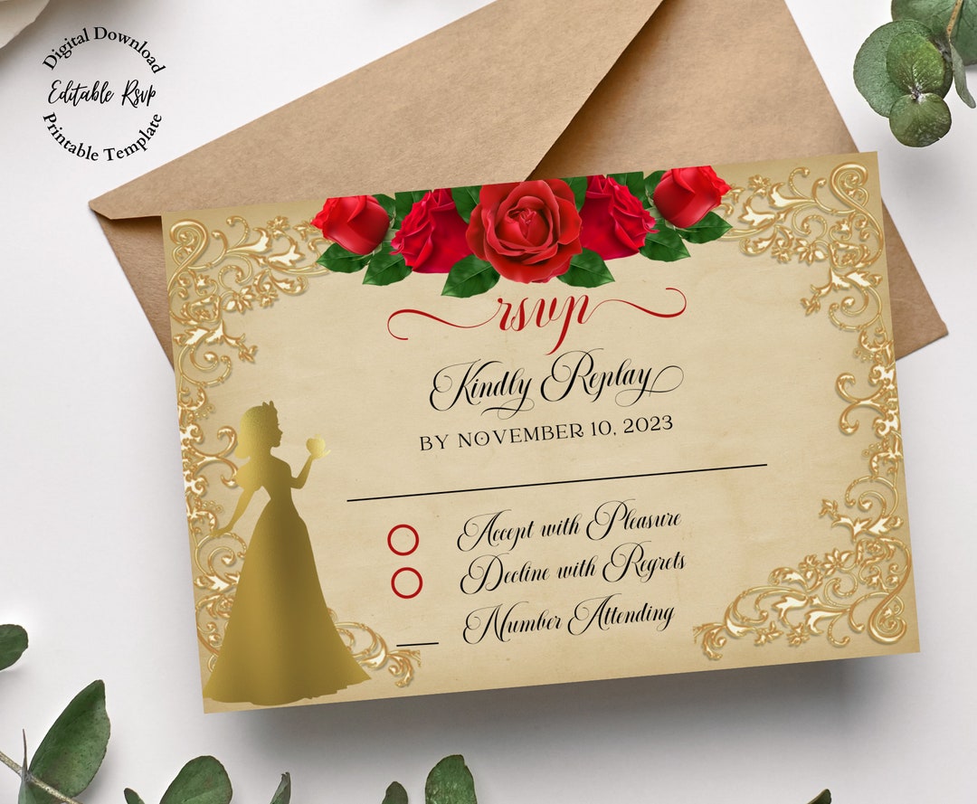 Snow White Quinceanera RSVP Card With Red Roses (editable Canva ...
