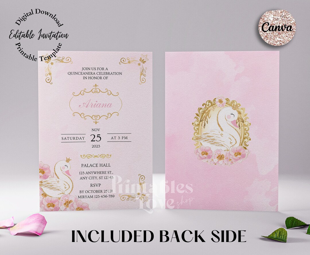5x7 Editable Swan Invitation, Blush Pink and Gold Quinceanera ...