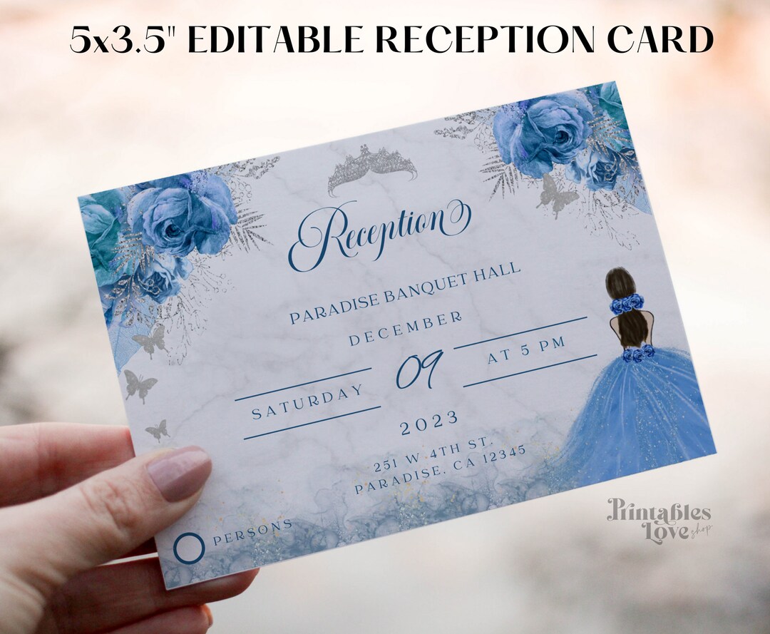Light Blue and Silver Reception Card Template, Match With Quinceanera ...