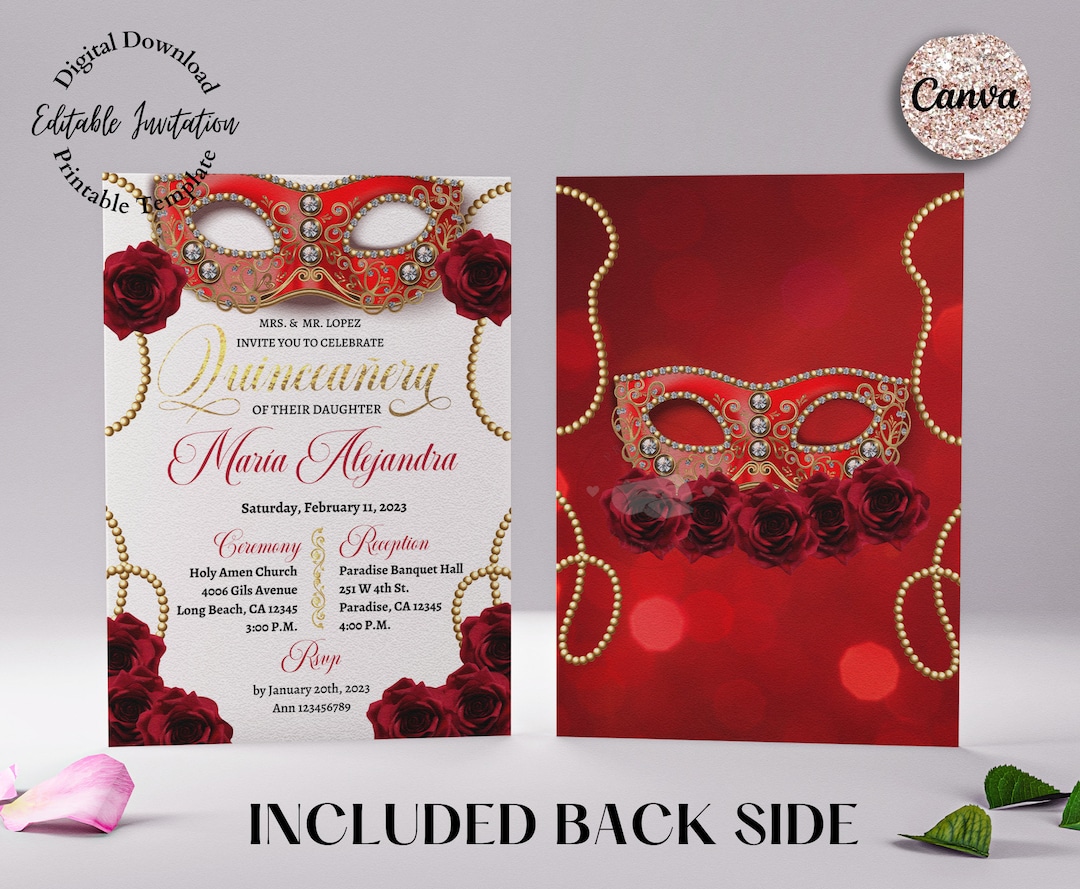 Masquerade Quinceanera Invitation Include Back Side Red and Gold Mardi ...