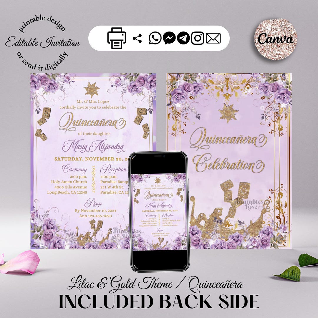 Tangled Lilac and Gold Invitation, Quince Invitation, Tangled Lattern ...