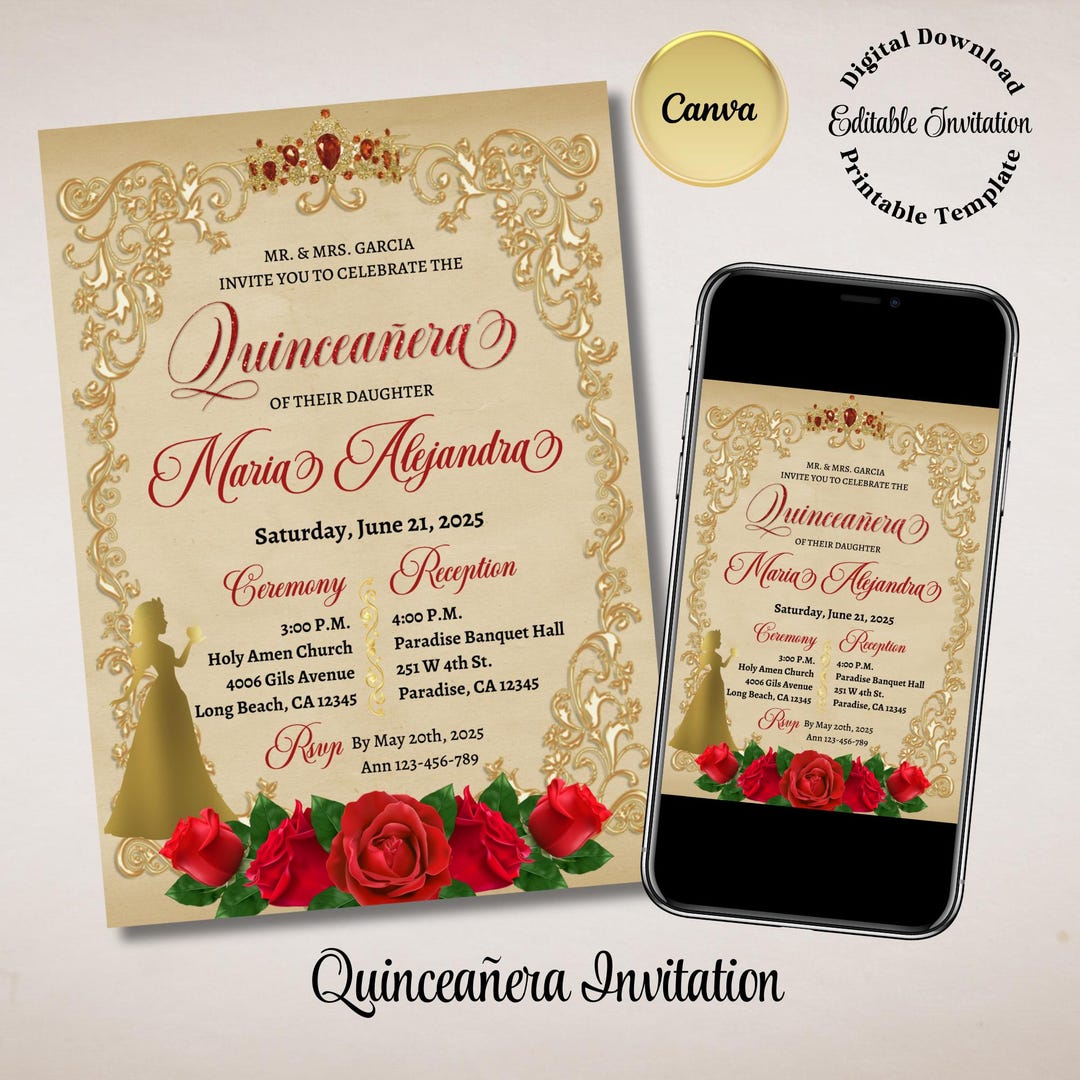 Snow White Invitation, Quince Invitation, One Side, Red and Gold ...