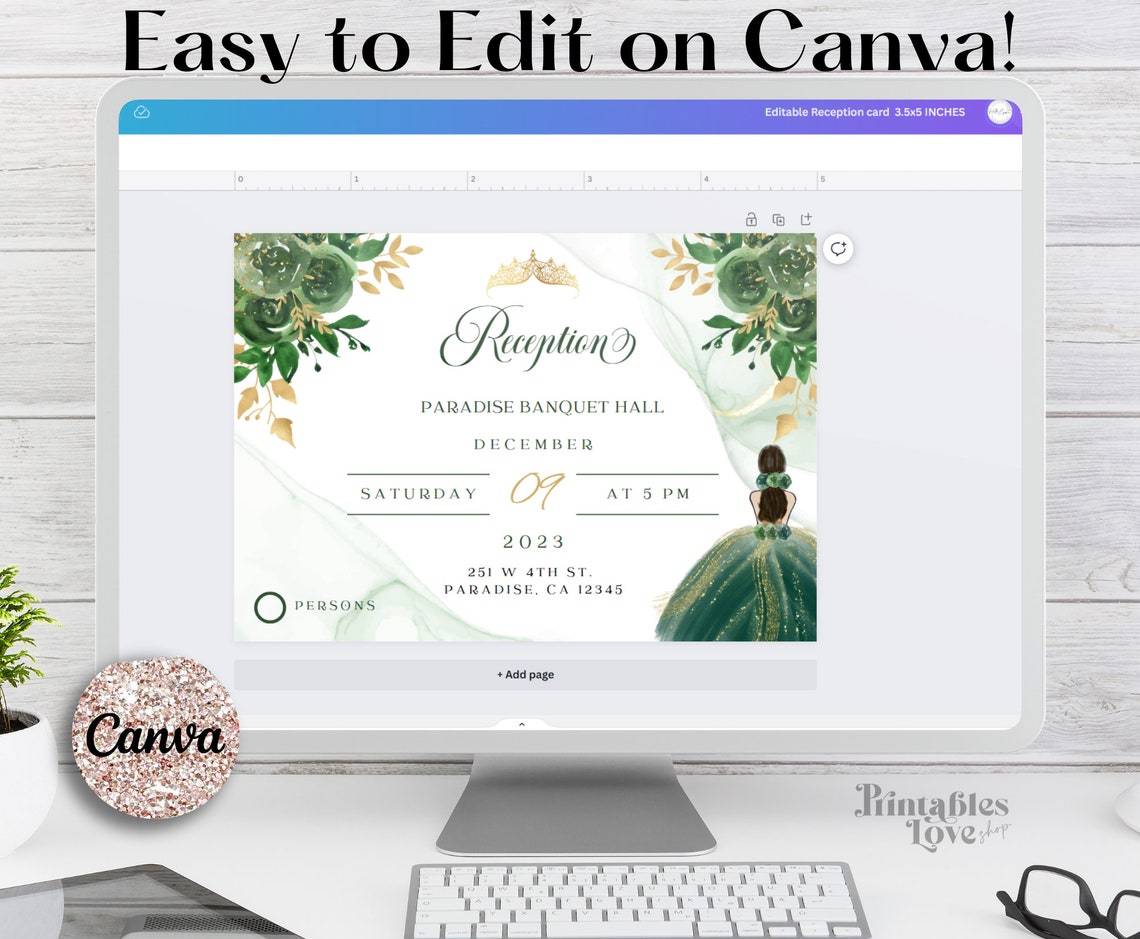 Emerald Green Quinceanera Reception Card Template (instant Download) - Etsy