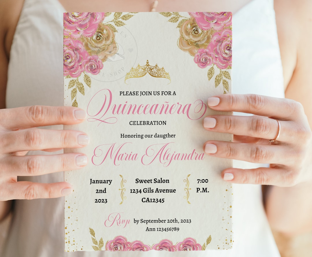 Pink and Gold Quinceanera Invitation: Editable Canva Template (digital ...