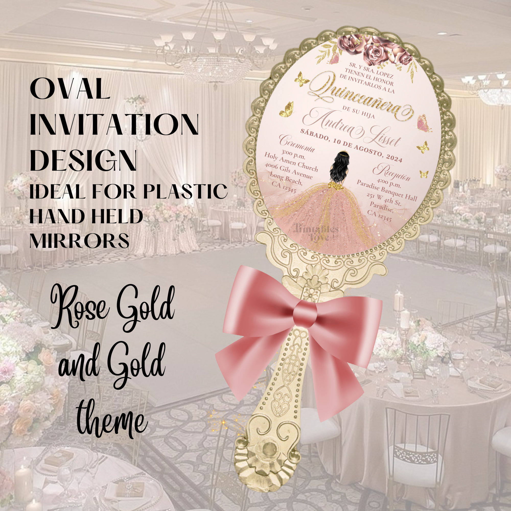 Oval Invitation for Hand Held Mirror, Rose Gold Quinceanera Invitation ...
