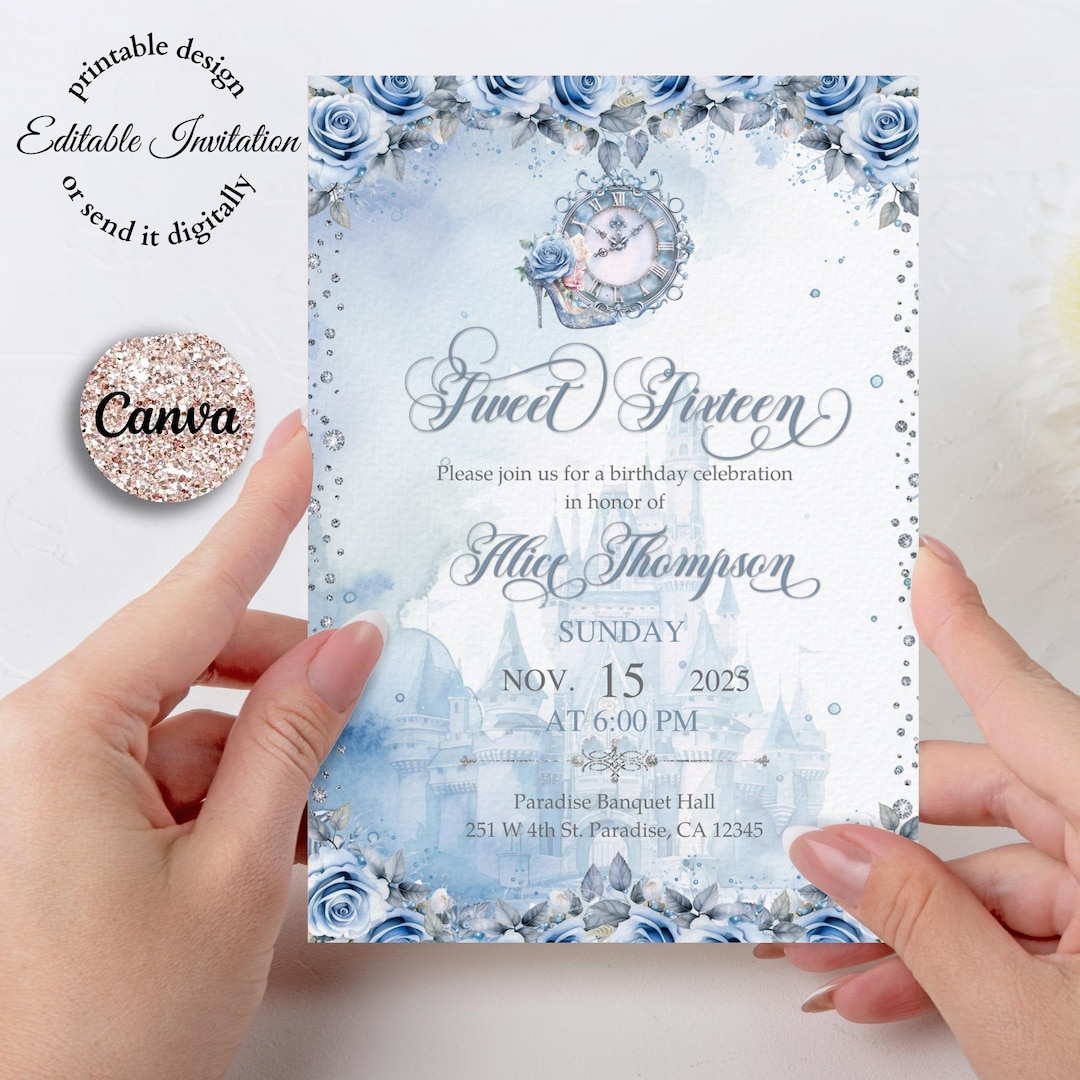 Sweet Sixteen Cinderella Invite, Floral Dusty Blue, Sweet 16 Invitation ...